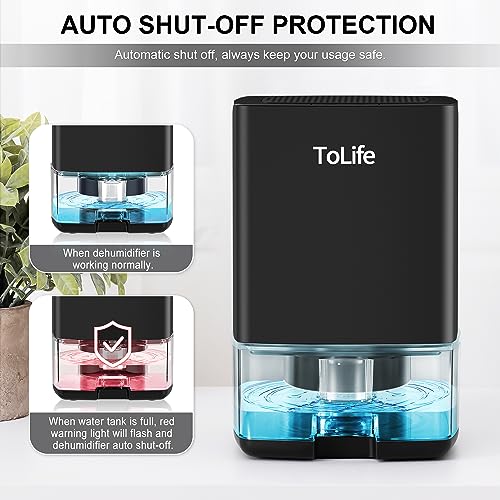 ToLife Dehumidifiers for Home 30 OZ Water Tank with Auto-Off 500 sq.ft Portable Small Dehumidifier for Bathroom Bedroom RV Closet Room 7 Colors LED Light, Black