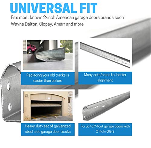 Garage Door Vertical Track Replacement โ Set of Left and Right for 7 Foot Tall - Galvanized Steel Hardware Door Rails for Residential/Light Commercial Side Tracks for 2-inch Rollers