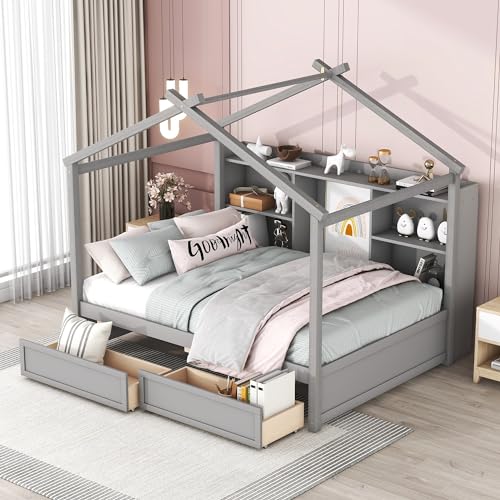 Yehha Full Size House Bed with Storage Shelves and 2 Drawers, Multifunctional Storage Wooden Bed for Boys & Girls Bedroom, Small Space, No Box Spring Needed/Wood Slats Support, Easy Assembly, Gray