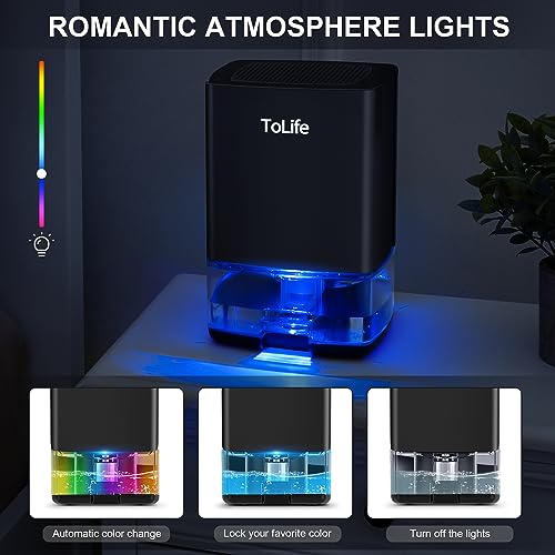 ToLife Dehumidifiers for Home 30 OZ Water Tank with Auto-Off 500 sq.ft Portable Small Dehumidifier for Bathroom Bedroom RV Closet Room 7 Colors LED Light, Black