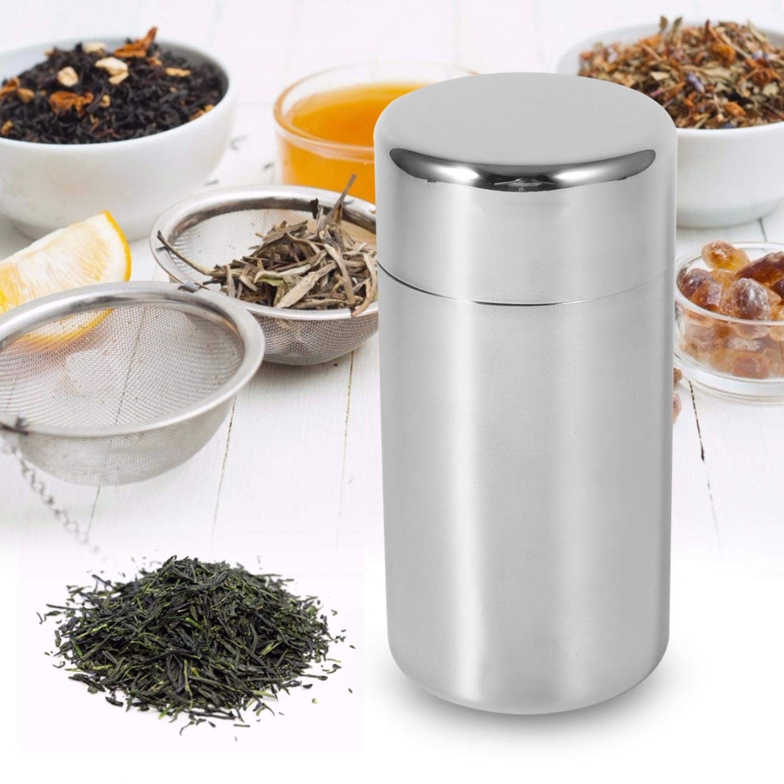 Tyenaza Tea Canister, Double Seal Stainless Steel Tea Tin Canister with Airtight Double Lids for Loose Tea Coffee Candy Herbs and Spices Storage(l)
