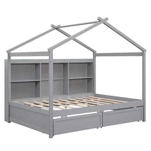 Yehha Full Size House Bed with Storage Shelves and 2 Drawers, Multifunctional Storage Wooden Bed for Boys & Girls Bedroom, Small Space, No Box Spring Needed/Wood Slats Support, Easy Assembly, Gray
