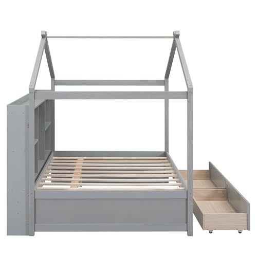 Yehha Full Size House Bed with Storage Shelves and 2 Drawers, Multifunctional Storage Wooden Bed for Boys & Girls Bedroom, Small Space, No Box Spring Needed/Wood Slats Support, Easy Assembly, Gray