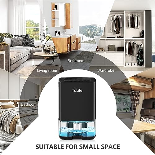 ToLife Dehumidifiers for Home 30 OZ Water Tank with Auto-Off 500 sq.ft Portable Small Dehumidifier for Bathroom Bedroom RV Closet Room 7 Colors LED Light, Black