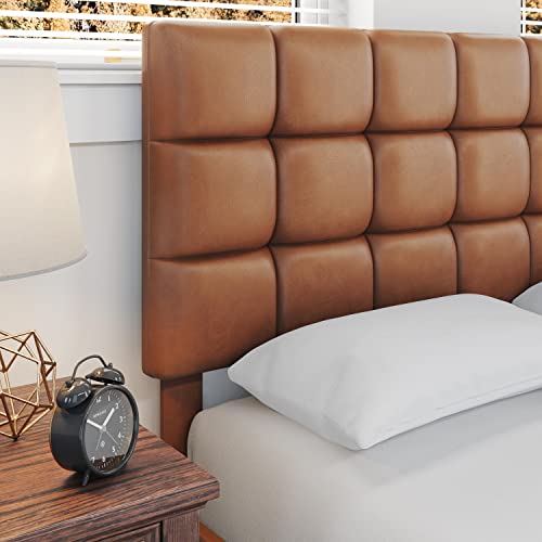 Yaheetech Upholstered Platform Bed Frame with Faux Leather Headboard Height Adjustable, Mattress Foundation Wooden Slats Support No Box Spring Needed, Amber Brown-Full