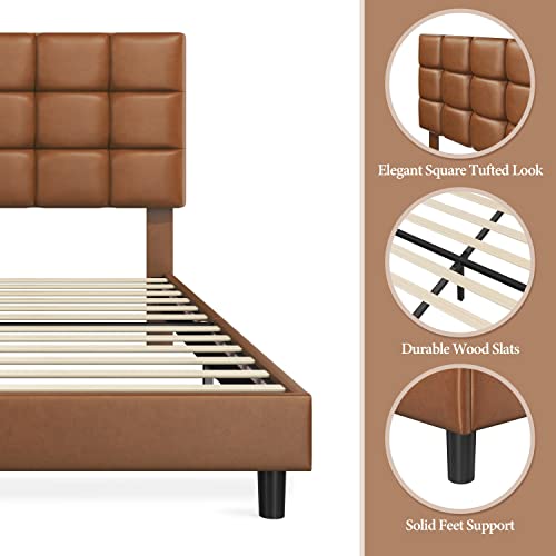 Yaheetech Upholstered Platform Bed Frame with Faux Leather Headboard Height Adjustable, Mattress Foundation Wooden Slats Support No Box Spring Needed, Amber Brown-Full