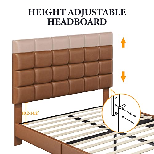 Yaheetech Upholstered Platform Bed Frame with Faux Leather Headboard Height Adjustable, Mattress Foundation Wooden Slats Support No Box Spring Needed, Amber Brown-Full