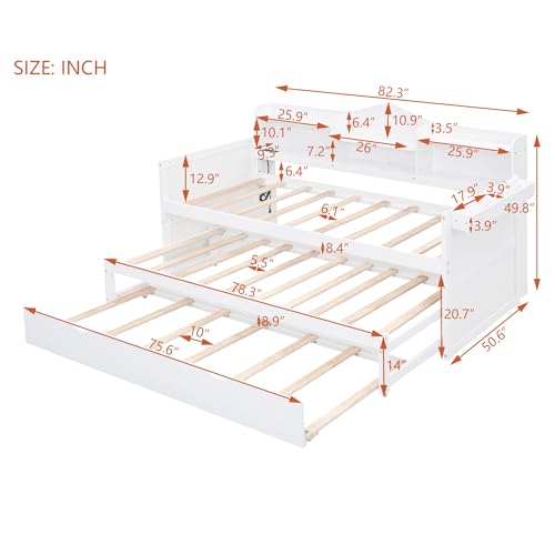 Linuque Twin Size Daybed with 2 Twin Trundles and Storage Shelf, Wooden Sofa Bed Frame with USB Charging Ports, No Box-Spring Needed, White