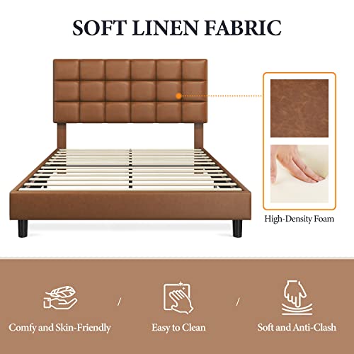 Yaheetech Upholstered Platform Bed Frame with Faux Leather Headboard Height Adjustable, Mattress Foundation Wooden Slats Support No Box Spring Needed, Amber Brown-Full