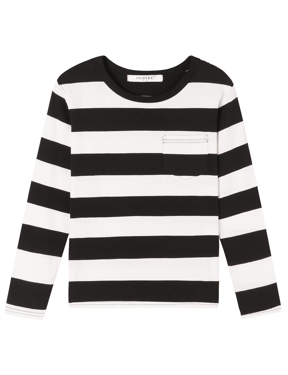 DILBYKE Boys Girl Long Sleeve Striped Crew Neckline T-Shirts Kid Tee, Cotton, Black and White 9-10 Years