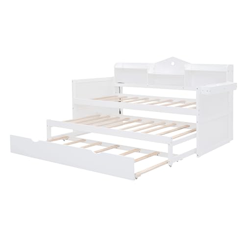 Linuque Twin Size Daybed with 2 Twin Trundles and Storage Shelf, Wooden Sofa Bed Frame with USB Charging Ports, No Box-Spring Needed, White