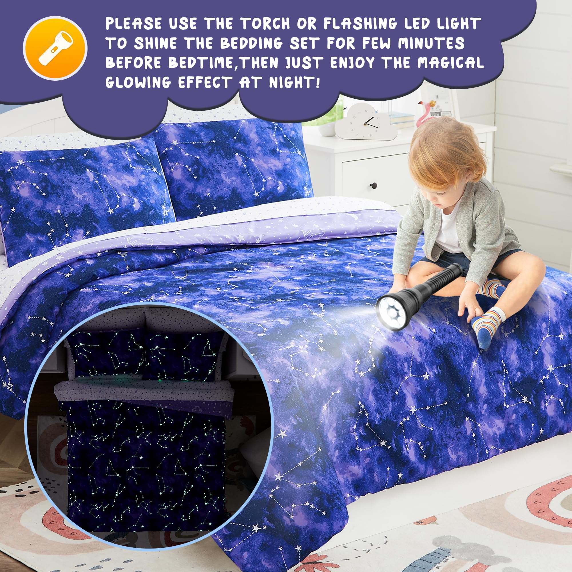 Kaleido Space Twin Kids Comforter Set - 5 Pieces Twin Bedding Sets for Boys Girls Teen, Glow in The Dark Galaxy Bed in A Bag with Sheets