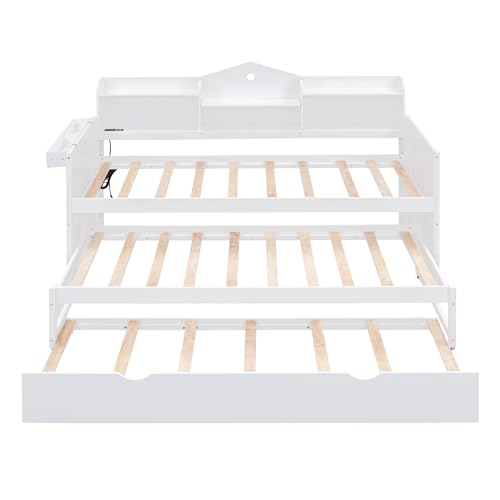 Linuque Twin Size Daybed with 2 Twin Trundles and Storage Shelf, Wooden Sofa Bed Frame with USB Charging Ports, No Box-Spring Needed, White