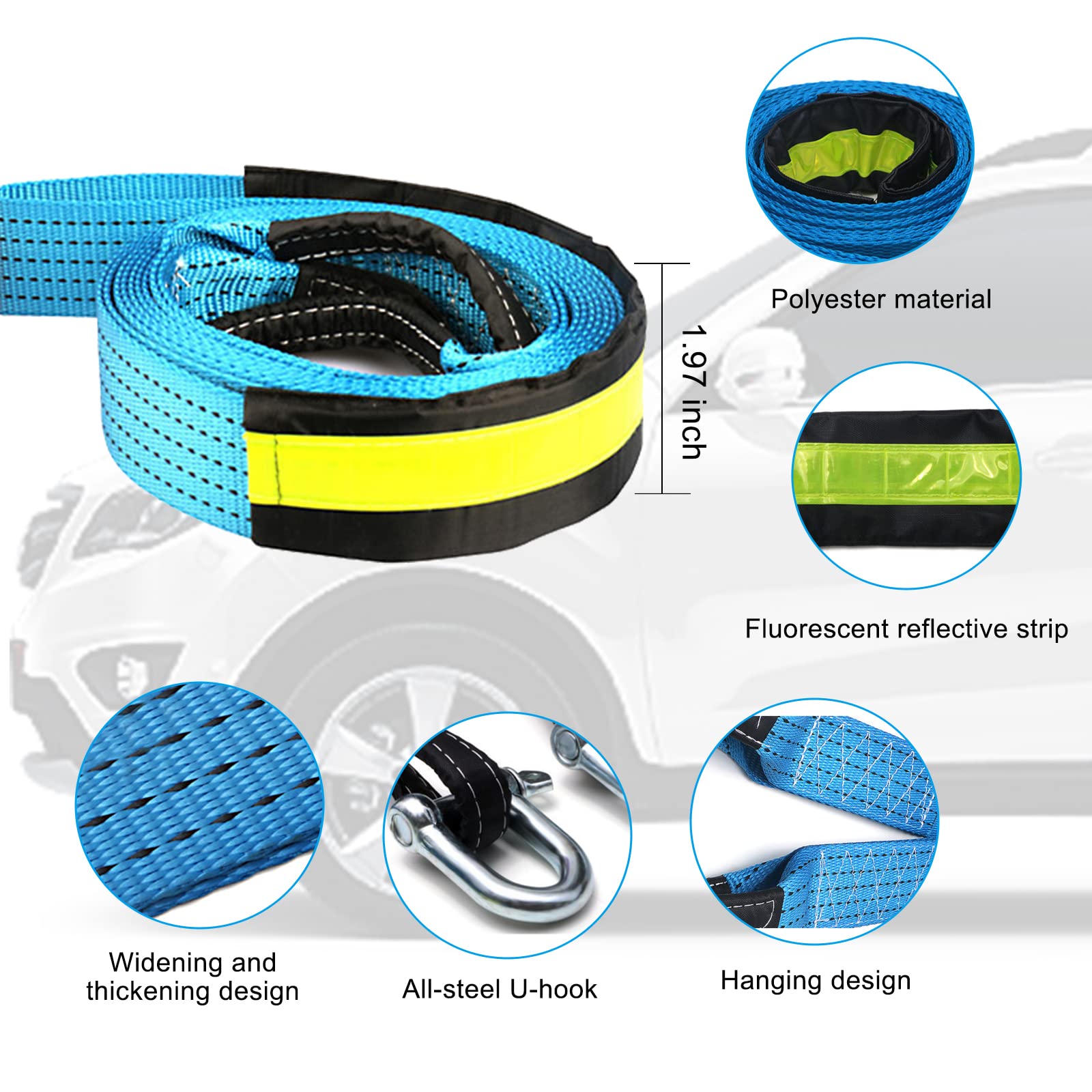 jeseny 1 Pack Car Tow Rope, Super Heavy-Duty 8T Nylon Outdoor Emergency Rescue Rope, 16.4Ft Night Fluorescence Car Tow Strap Duty, Suitable for Various Vehicles Heavy Duty Emergency Towing (Blue)