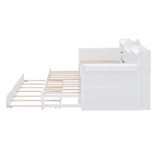 Linuque Twin Size Daybed with 2 Twin Trundles and Storage Shelf, Wooden Sofa Bed Frame with USB Charging Ports, No Box-Spring Needed, White