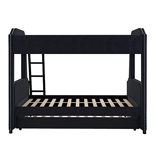 DEYOBED Twin Over Full Velvet Upholstered Bunk Bed with Trundle and Ladder, Tufted Button Design Wooden Bed Frame for Kids Teens Bedroom, Space Saving, Black