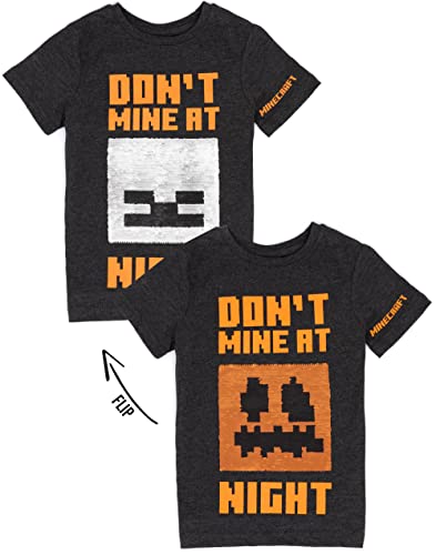 Minecraft Boys Halloween T-Shirt | Kids Dark Grey Flip Sequin Pumpkin Creeper Villains Tee | Skeleton Seasonal Costume Top