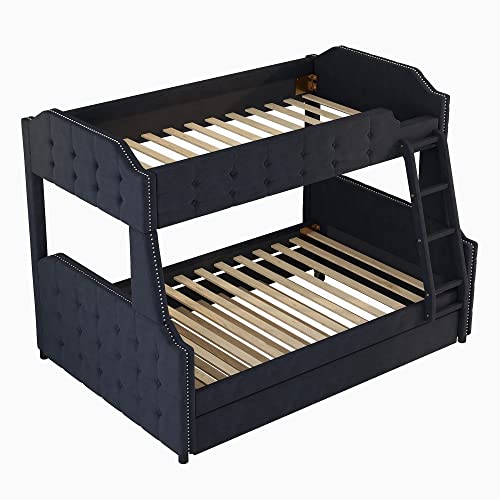 DEYOBED Twin Over Full Velvet Upholstered Bunk Bed with Trundle and Ladder, Tufted Button Design Wooden Bed Frame for Kids Teens Bedroom, Space Saving, Black