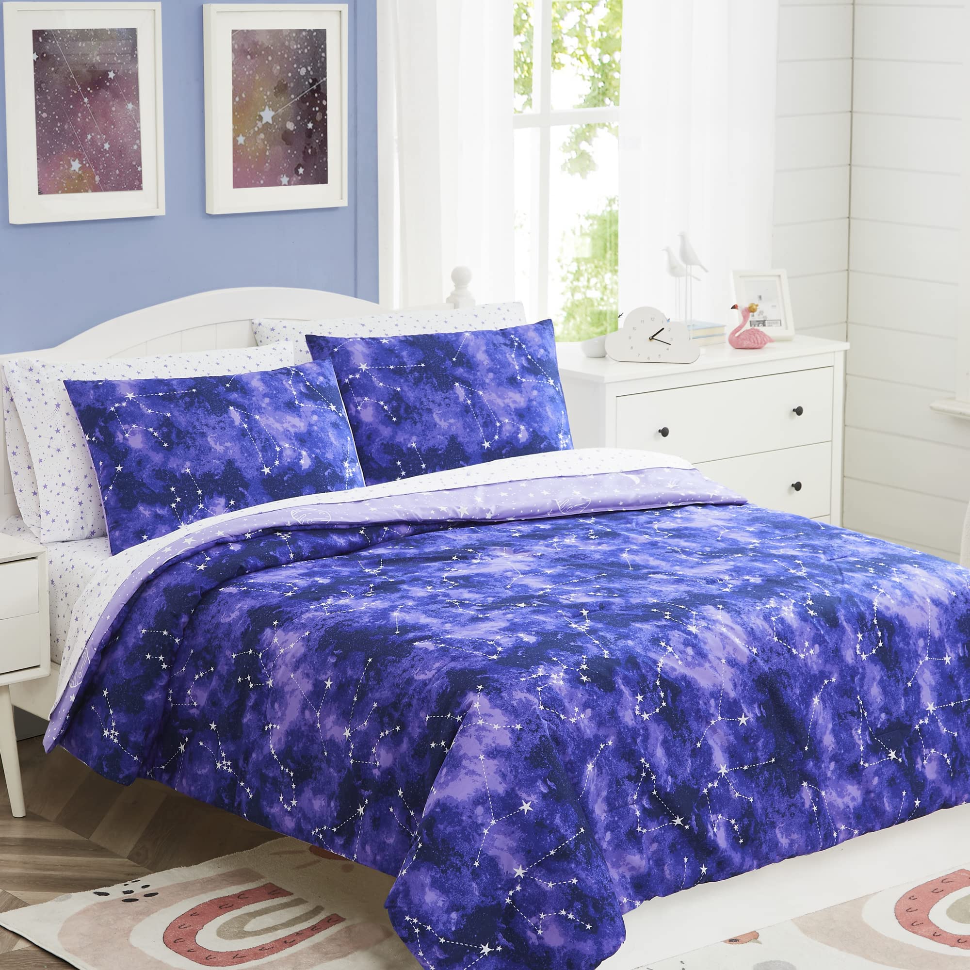 Kaleido Space Twin Kids Comforter Set - 5 Pieces Twin Bedding Sets for Boys Girls Teen, Glow in The Dark Galaxy Bed in A Bag with Sheets