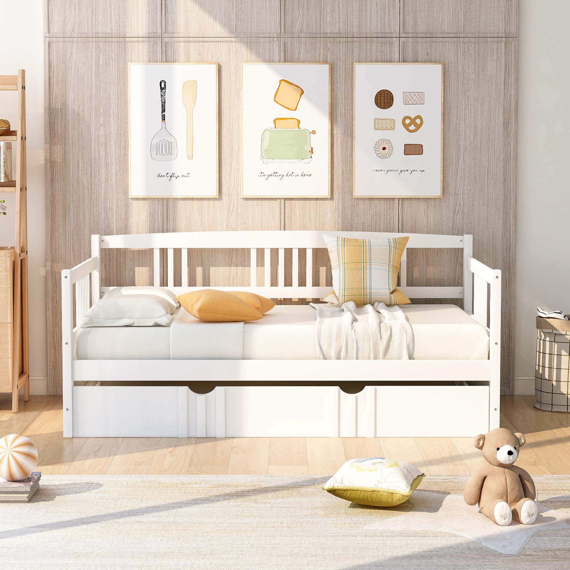 BIADNBZ Twin Size Day Bed with Trundle, Wooden Daybed Frame, for Bedroom Guest Room Office, White