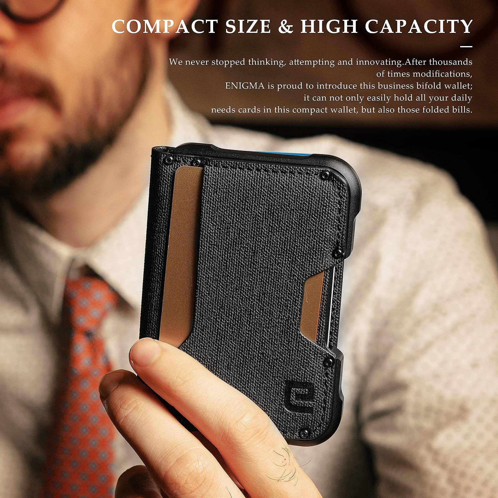 ENIGMA Dapper PU Leather Bifold Front Pocket Slim Wallet for Men, Aluminum Metal Travel Tactical RFID Blocking Card Holder Money Clip, Ideal Men's Gift (Grey)
