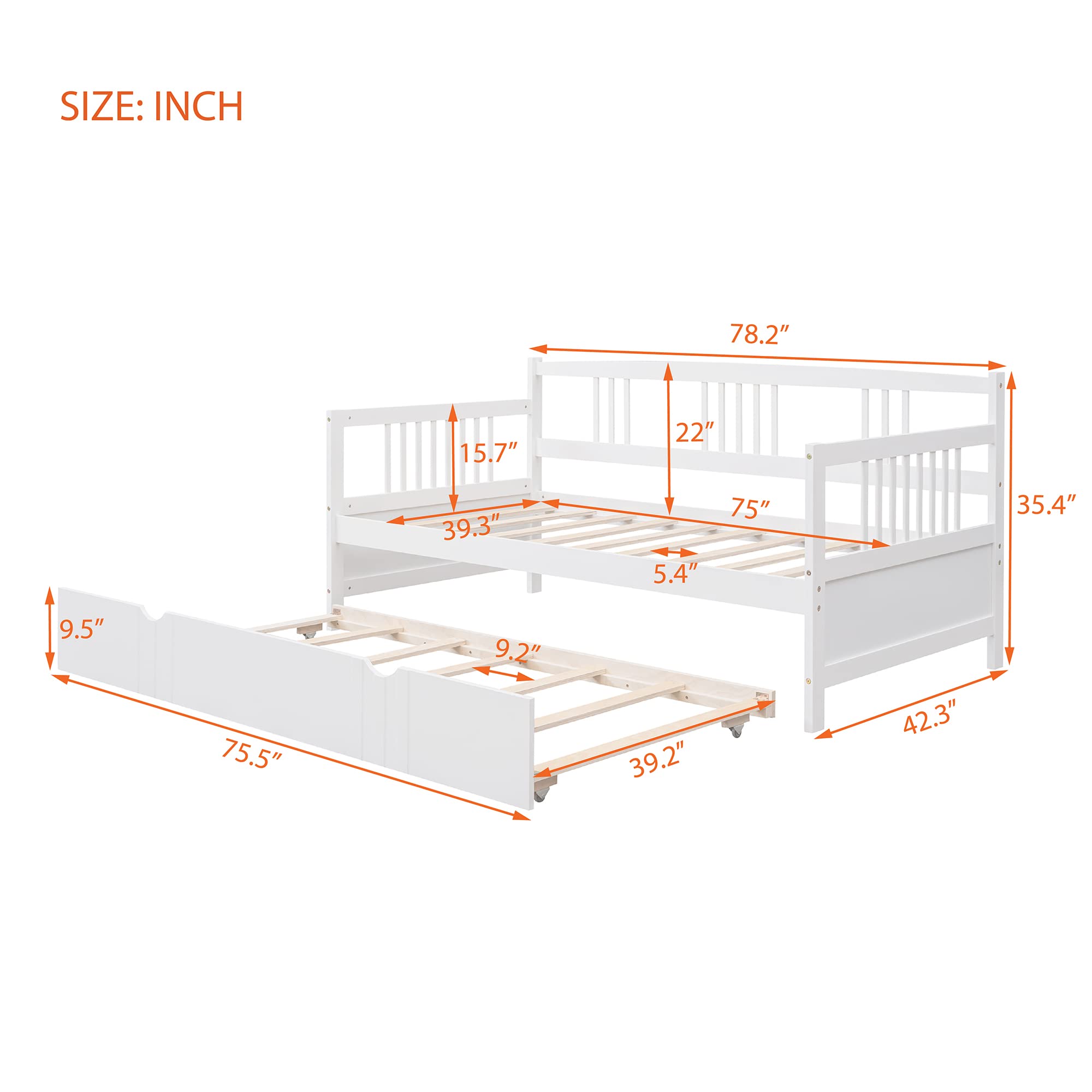 BIADNBZ Twin Size Day Bed with Trundle, Wooden Daybed Frame, for Bedroom Guest Room Office, White