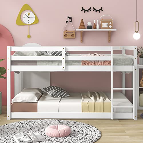 Senviy Twin Over Twin Floor Bunk Bed with and Guardrail,Wooden Bed Frame for Girls and Boys for Bedroom,No Spring Box Needed (White)