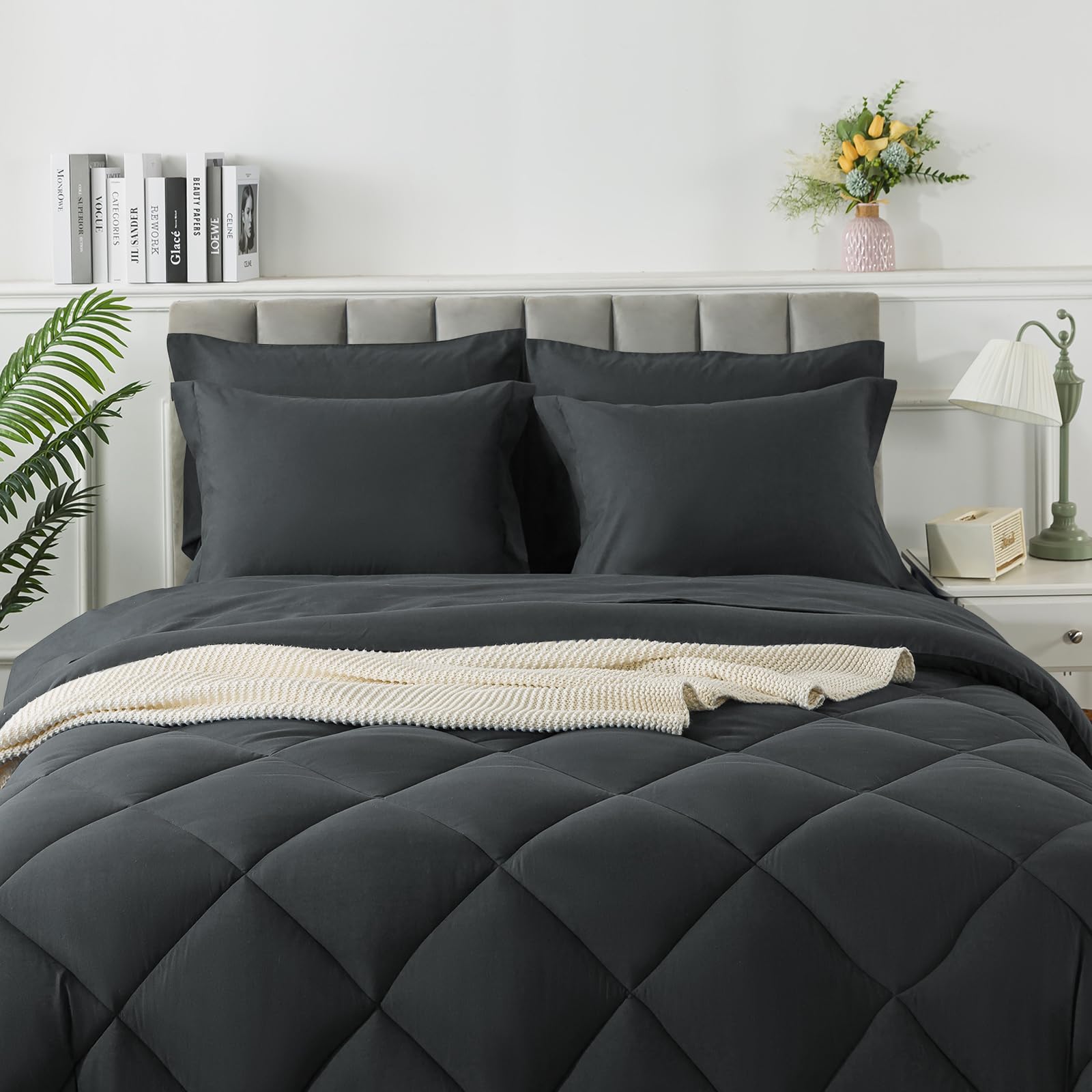 SameBed Twin Size Comforter Set, 5 Pieces Bed in a Bag, Bedding Sets with All Season Soft Quilted Lightweight Comforter, Flat Sheet, Fitted Sheet, 1 Pillow Sham, 1 Pillowcase, Dark Grey