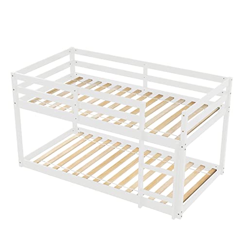 Senviy Twin Over Twin Floor Bunk Bed with and Guardrail,Wooden Bed Frame for Girls and Boys for Bedroom,No Spring Box Needed (White)