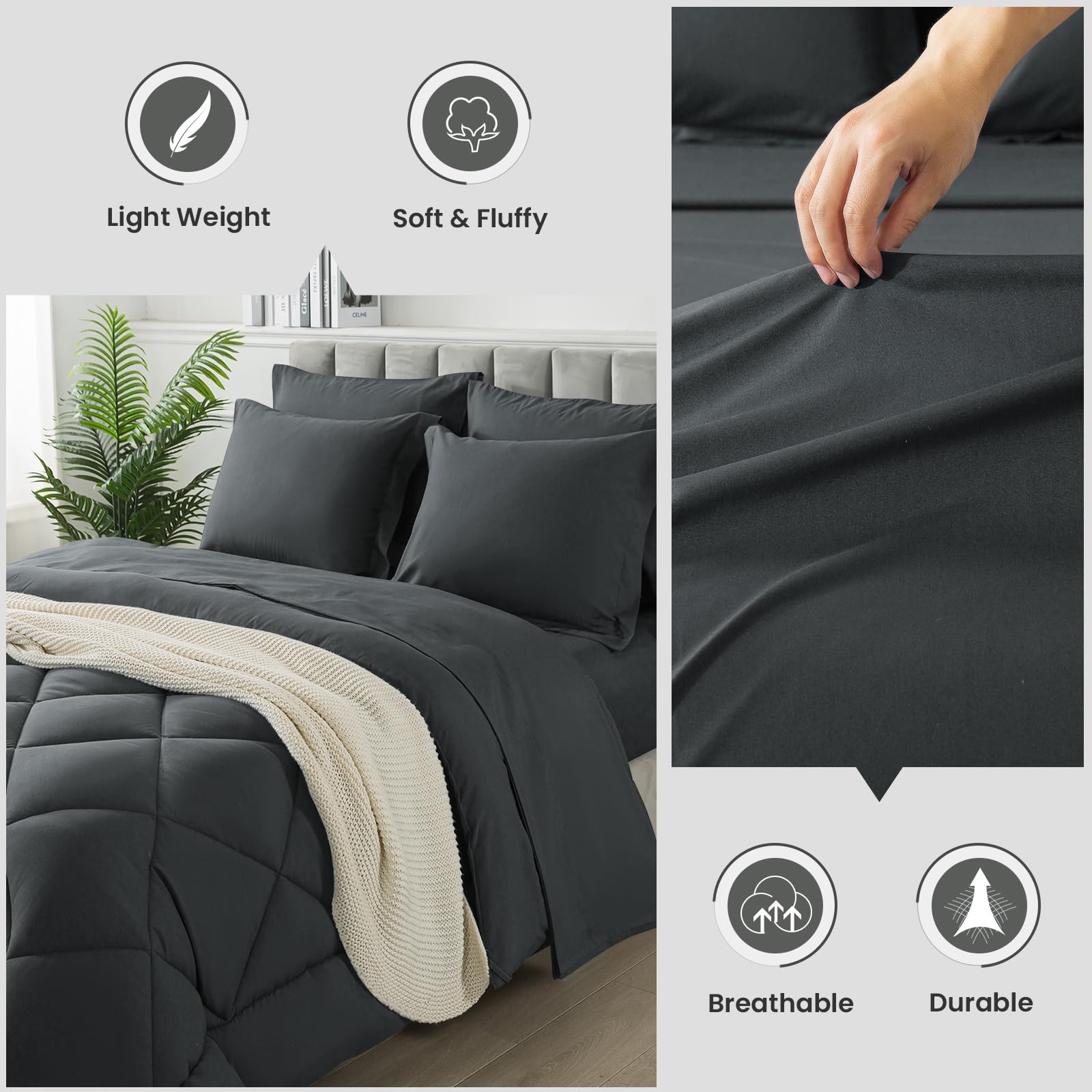 SameBed Twin Size Comforter Set, 5 Pieces Bed in a Bag, Bedding Sets with All Season Soft Quilted Lightweight Comforter, Flat Sheet, Fitted Sheet, 1 Pillow Sham, 1 Pillowcase, Dark Grey