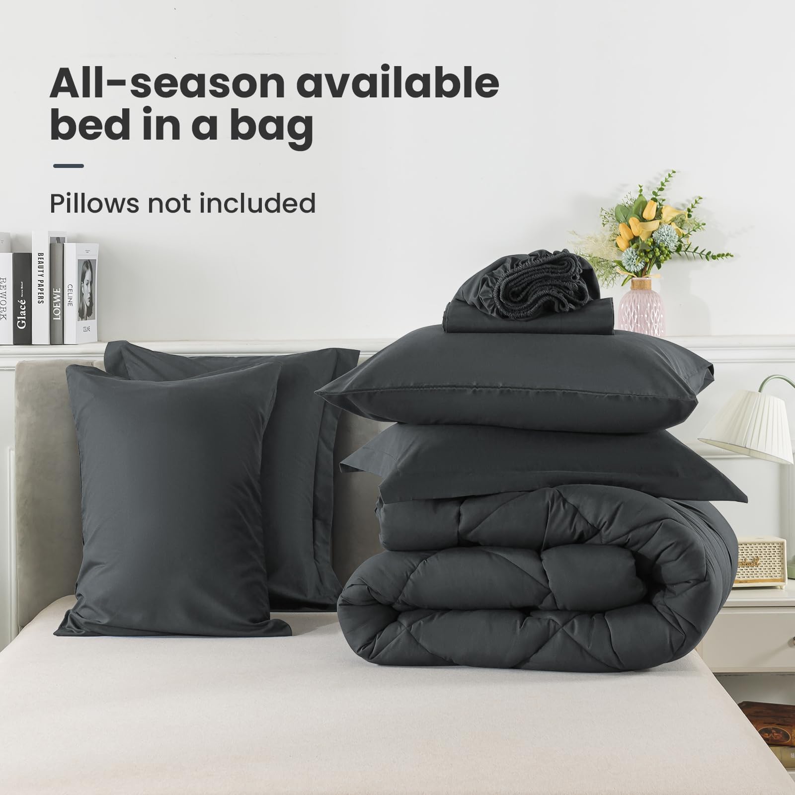 SameBed Twin Size Comforter Set, 5 Pieces Bed in a Bag, Bedding Sets with All Season Soft Quilted Lightweight Comforter, Flat Sheet, Fitted Sheet, 1 Pillow Sham, 1 Pillowcase, Dark Grey