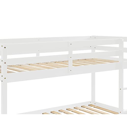 Senviy Twin Over Twin Floor Bunk Bed with and Guardrail,Wooden Bed Frame for Girls and Boys for Bedroom,No Spring Box Needed (White)