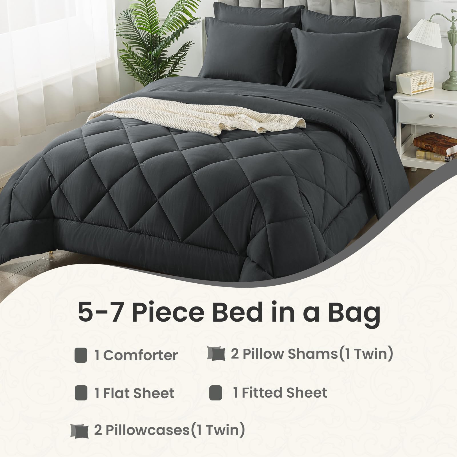 SameBed Twin Size Comforter Set, 5 Pieces Bed in a Bag, Bedding Sets with All Season Soft Quilted Lightweight Comforter, Flat Sheet, Fitted Sheet, 1 Pillow Sham, 1 Pillowcase, Dark Grey