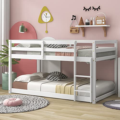 Senviy Twin Over Twin Floor Bunk Bed with and Guardrail,Wooden Bed Frame for Girls and Boys for Bedroom,No Spring Box Needed (White)