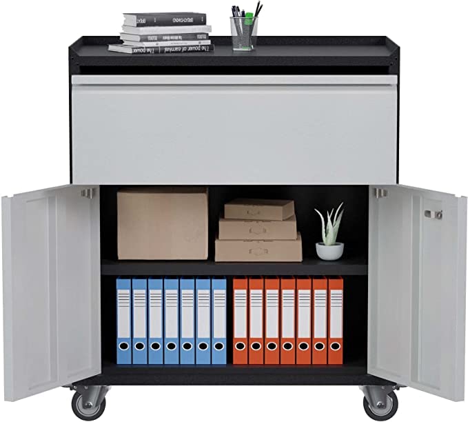 1 Drawer 2 Doors Rolling Adjustable Shelves Metal Storage Cabinet Black/Grey for Garage Utility Room Single Drawer & 2 Doors