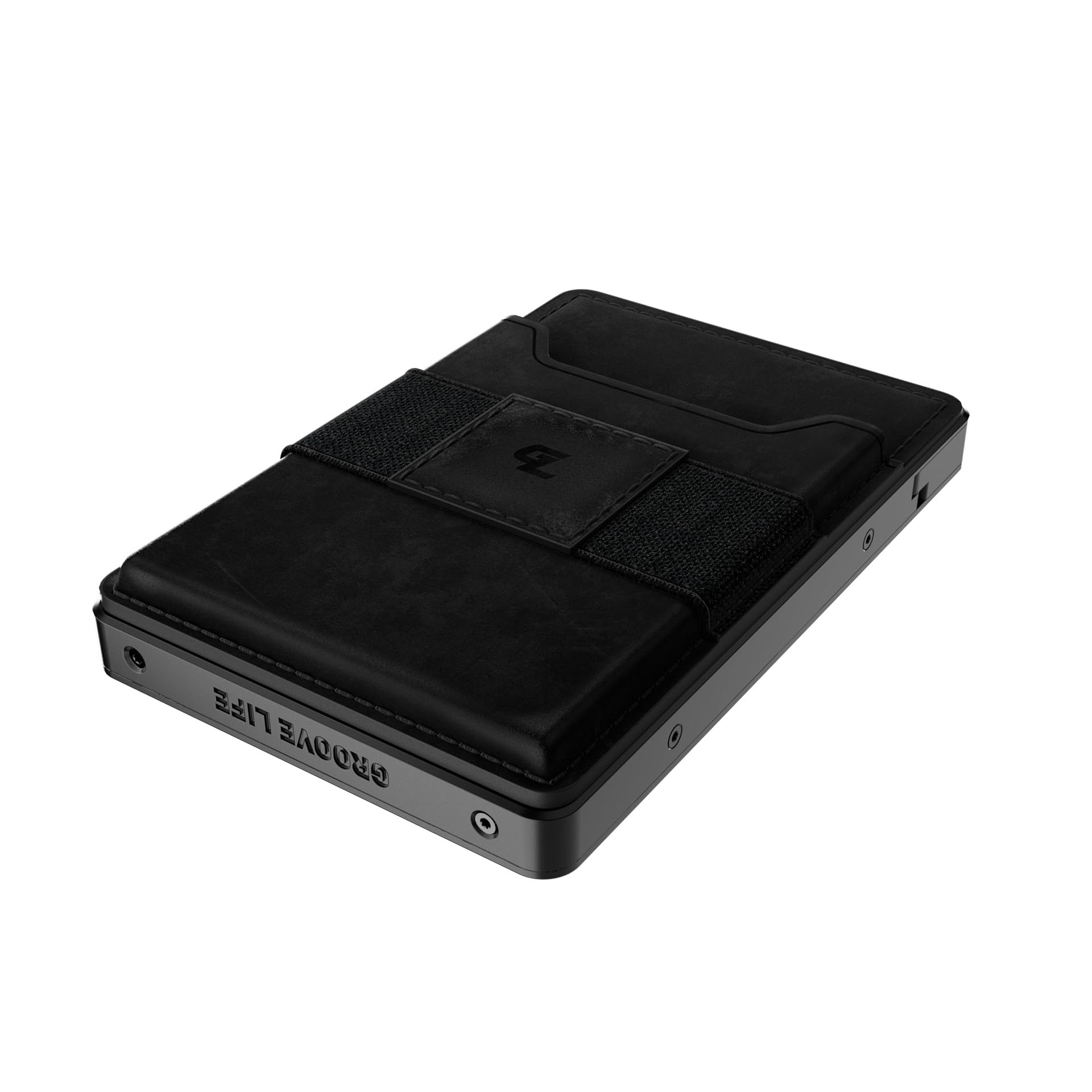 Groove Life Groove Wallet Gun Metal/Black Leather Go Mens Minimalist Aluminum Credit Card Holder, Magnetic Thumb Swipe, RFID Blocking, Magsafe, Genuine Leather Attachment, Lifetime Coverage