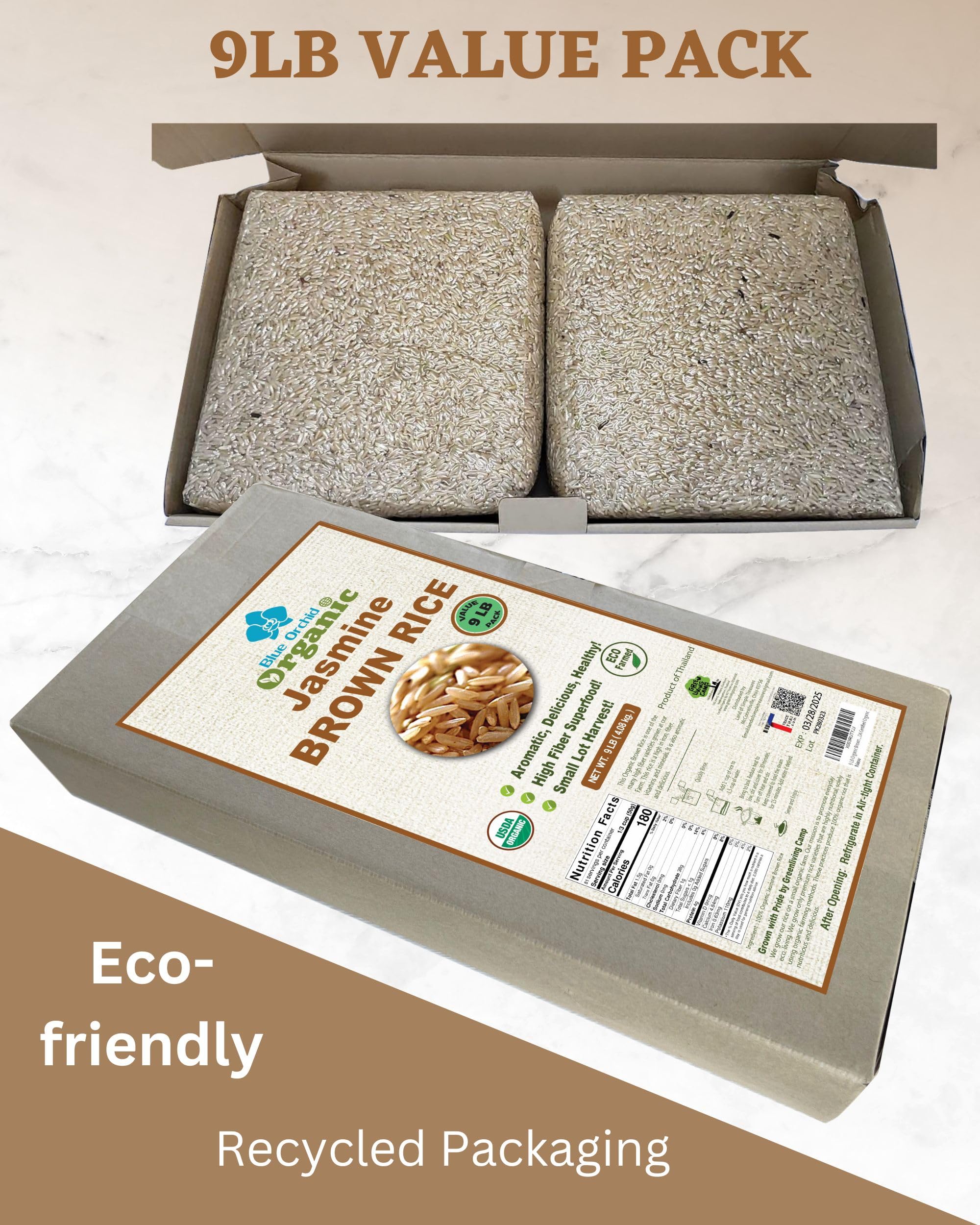 Organic Brown Jasmine Rice from Thailand - Whole Grain Vegan Natural Healthy Superfood Gluten-free - 9 LB