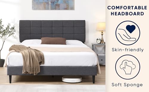 Yone jx je Platform Bed Frame with Fabric Upholstered Headboard and Mattress Foundation Wooden Slats Support, Fabric Upholstered Platform Bed Frame, No Box Spring Needed (Gray, Queen Size)