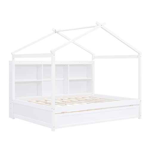 DEYOBED Full Size House Bed with Storage Shelves and Twin Size Trundle, Wooden Full Playhouse Bed, Canopy Bed, House Shape Bed Frame for Kids Boys Girls, No Box Spring Needed, Brushed White