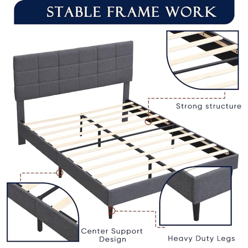 Yone jx je Platform Bed Frame with Fabric Upholstered Headboard and Mattress Foundation Wooden Slats Support, Fabric Upholstered Platform Bed Frame, No Box Spring Needed (Gray, Queen Size)