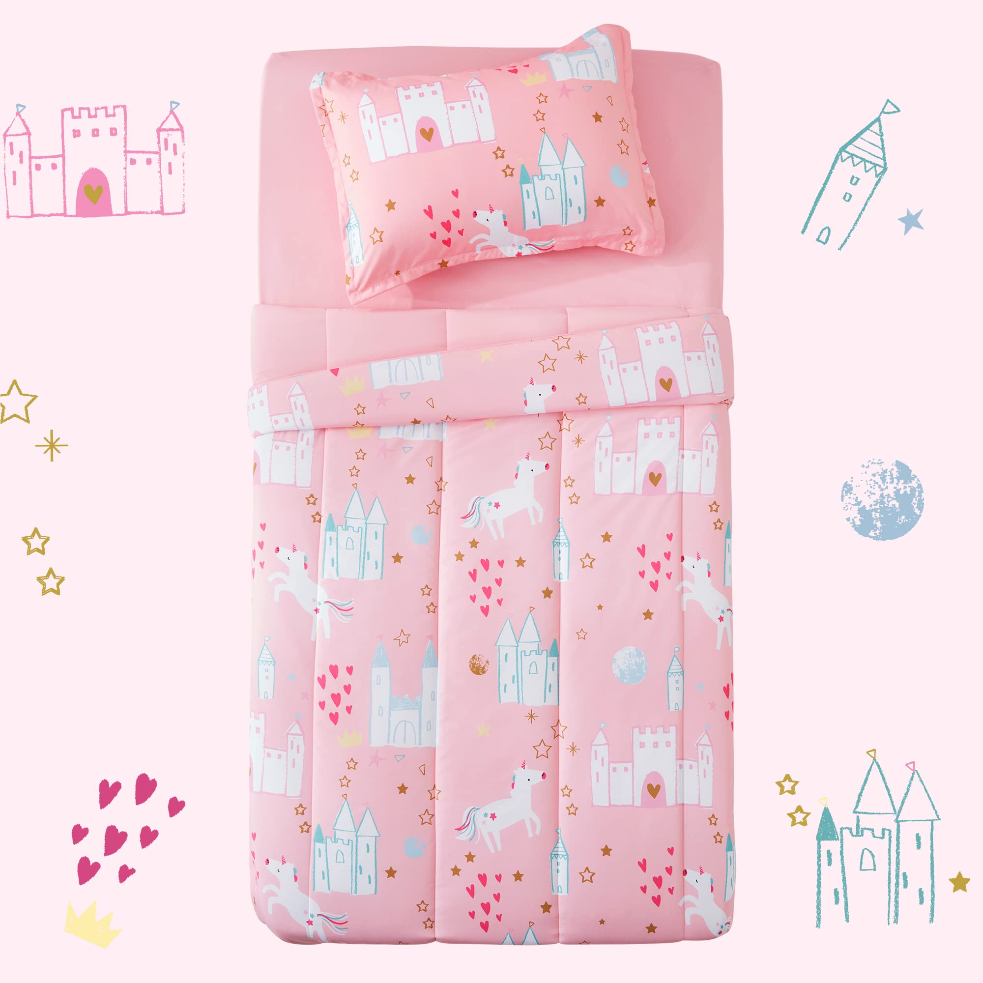 SLEEP ZONE Kids Bedding Twin Comforter Set - Super Soft & Cute Printed 2-Piece Comforter Set All Seasons for Boys, Girls, Fade Resistant, Machine Washable, Unicorn Castle