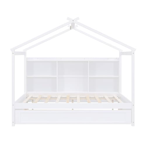 DEYOBED Full Size House Bed with Storage Shelves and Twin Size Trundle, Wooden Full Playhouse Bed, Canopy Bed, House Shape Bed Frame for Kids Boys Girls, No Box Spring Needed, Brushed White