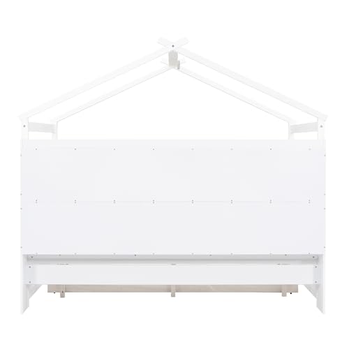 DEYOBED Full Size House Bed with Storage Shelves and Twin Size Trundle, Wooden Full Playhouse Bed, Canopy Bed, House Shape Bed Frame for Kids Boys Girls, No Box Spring Needed, Brushed White