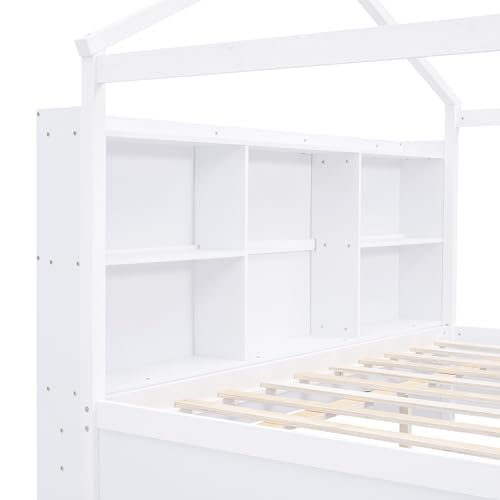 DEYOBED Full Size House Bed with Storage Shelves and Twin Size Trundle, Wooden Full Playhouse Bed, Canopy Bed, House Shape Bed Frame for Kids Boys Girls, No Box Spring Needed, Brushed White