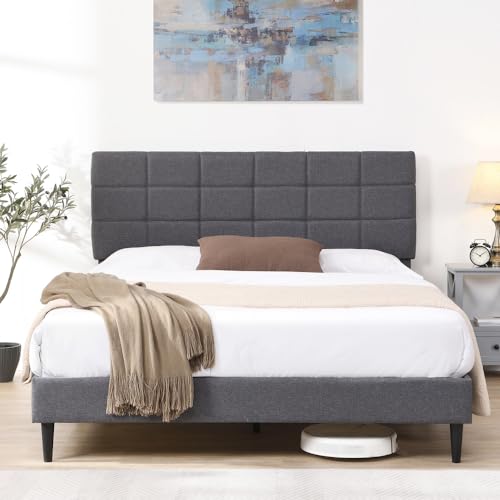 Yone jx je Platform Bed Frame with Fabric Upholstered Headboard and Mattress Foundation Wooden Slats Support, Fabric Upholstered Platform Bed Frame, No Box Spring Needed (Gray, Queen Size)