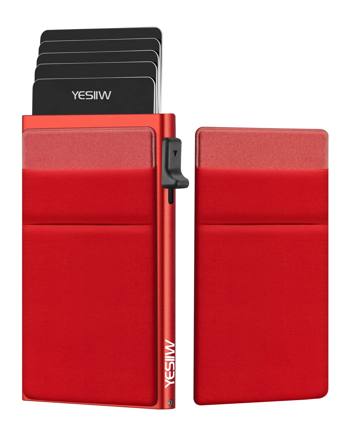 YESIIW Pop up Slim Card Holder RFID Blocking with Money Pocket Minimalist Card Wallet for Women and Men Aluminum Metal Credit Card Case for Cards and Notes and Coins Red