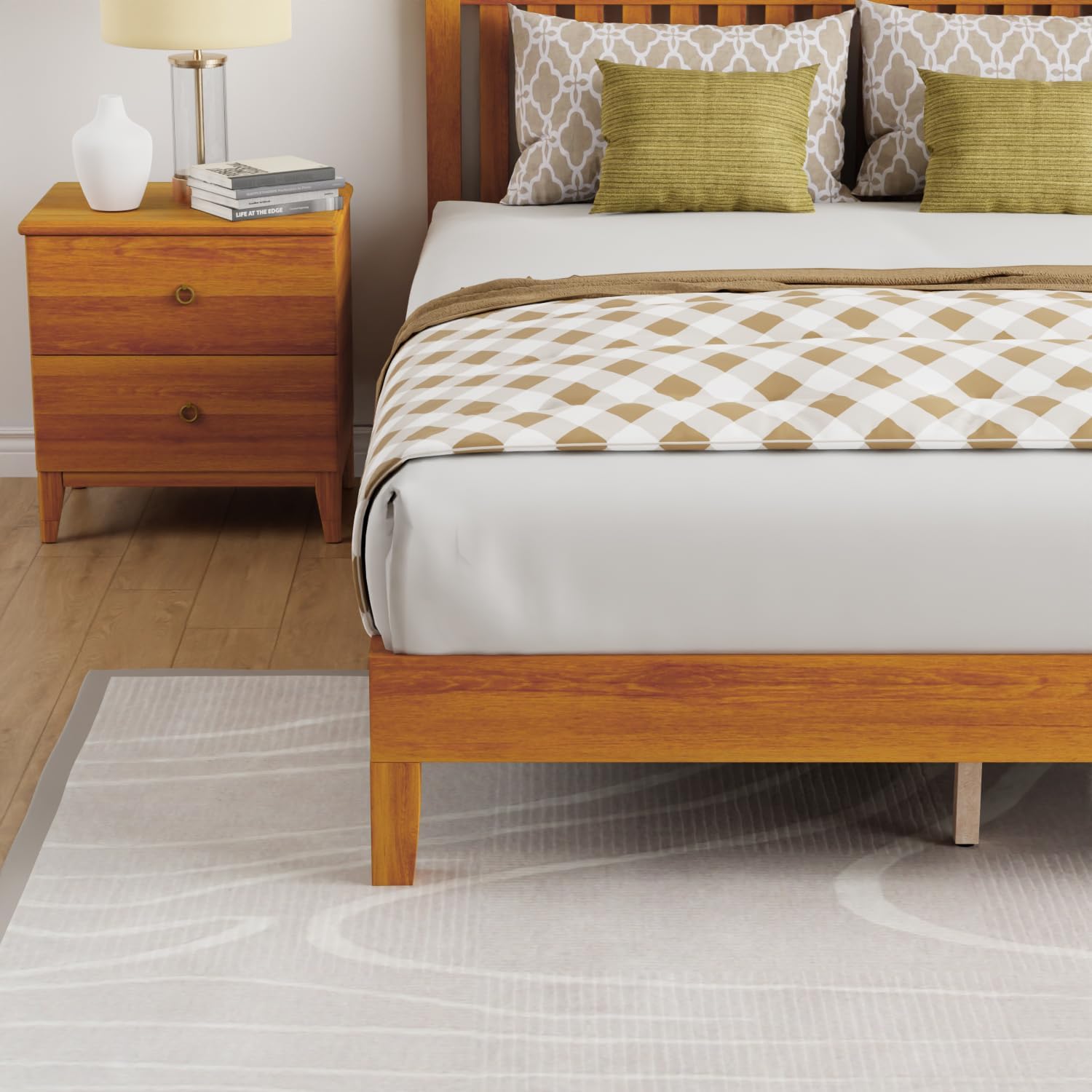 HWGEBY Queen Wood Bed Frame with Headboard, 14 Slats, No Box Spring Needed, Modern, Brown