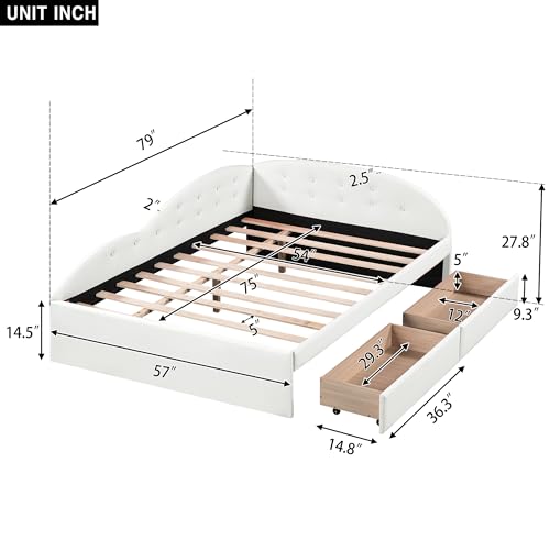 Full Size Upholstered Daybed with 2 Drawers and Cloud Shaped Guardrail, PU Upholstered Tufted Platform Bed with Wooden Slat Support for Bedroom Living Room, Easy Assembly (White + Upholstered-V23)