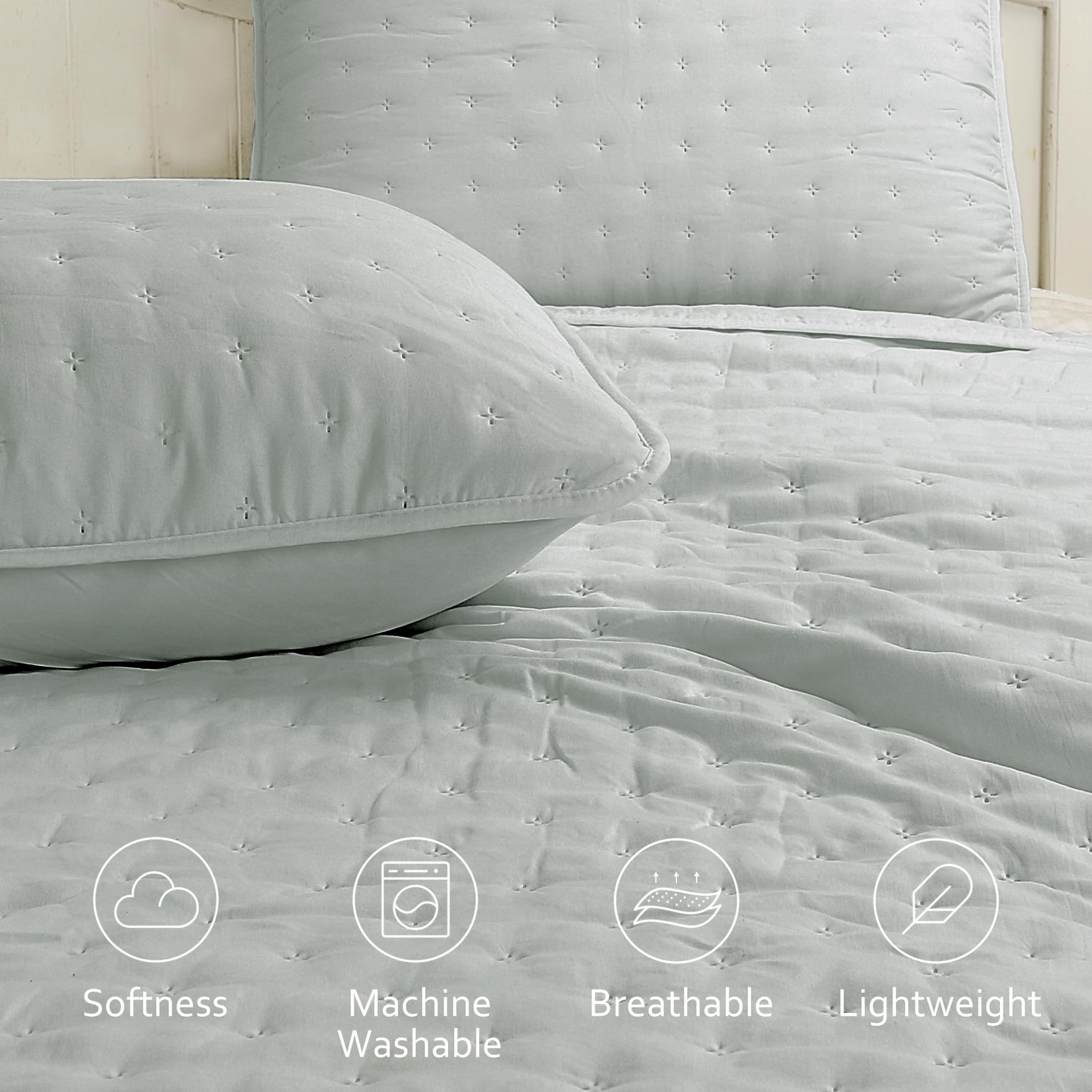 ROARINGWILD Twin Size Quilt Bedding Sets with Pillow Sham, Sage Green Lightweight Soft Bedspread Coverlet, Quilted Blanket Thin Comforter Bed Cover, All Season, 2 Pieces, 68x90 inches