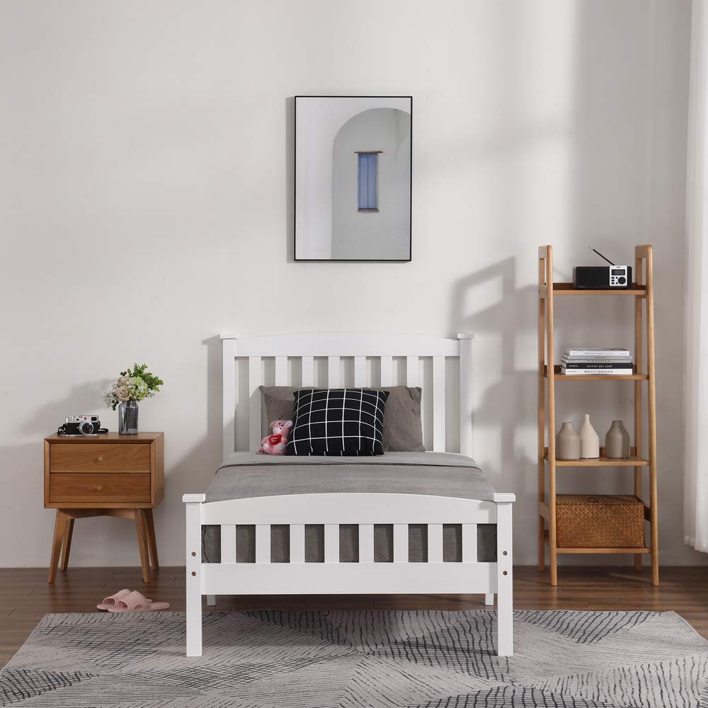 Karl home White Twin Platform Bedframe with Slat Headboard Wooden Bed Frame with Footboard, 12 Wood Slat Support, No Box Spring Needed